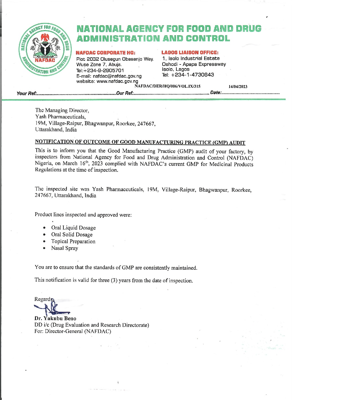 Site Registration Nigeria-NAFDAC – YASH PHARMA